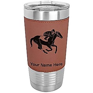 LaserGram 20oz Vacuum Insulated Tumbler Mug, Horse Racing, Personalized Engraving Included (Faux Leather, Dark Brown)