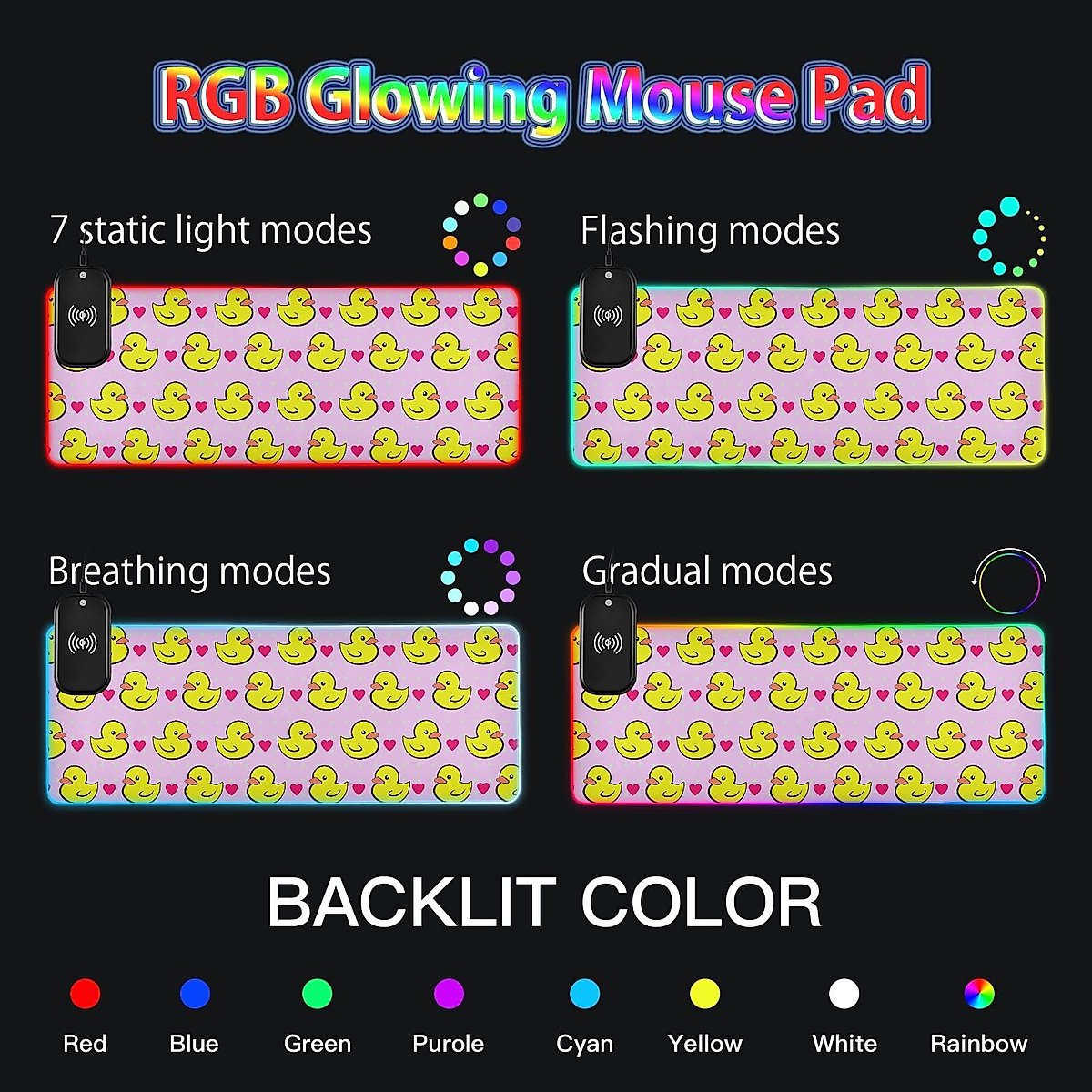 VKPSCHJ Desk Pad with Wireless Charging Ducks and Pink Heart Large RGB Gaming Mouse Pads 10 Light Modes Polka Dots 15W Computer Keyboard Mat Antislip Protector Mats for Office Home Table Gaming Decor