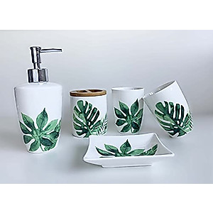 Ceramic Bathroom Sets,5 Pieces Bathroom Accessory Set-Lotion Dispenser,Toothbrush Holder,Tumbler & Soap Dish,Green Leaves Design Bath Ensemble (#2)
