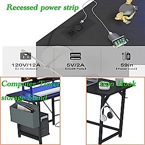 SZXKT Gaming Desk with Monitor Stand and Power Outlets,l Shaped Desk with Storage and LED Lights,Home Office Reversible Corner Computer Desk with Hooks (Black)