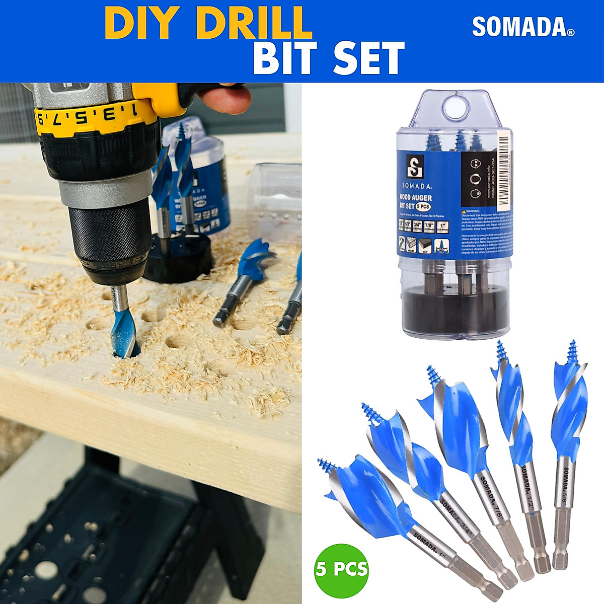 SOMADA Auger Drill Bit Set for Wood, 5-Piece, 1/2", 5/8", 3/4", 7/8" and 1" Inch Size, 4-Inch Long with Storage Case, Impact Wood Auger Set with Quick Change