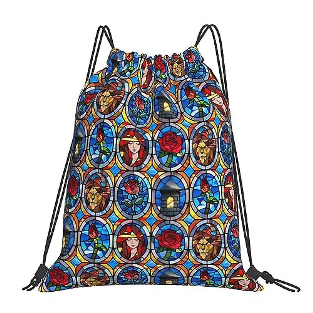 Bihoa Beauty and Beast Fairytale Glass Drawstring Backpack for Men Kids String Bag Sackpack Water Resistant Women Hiking Yoga Travel Beach