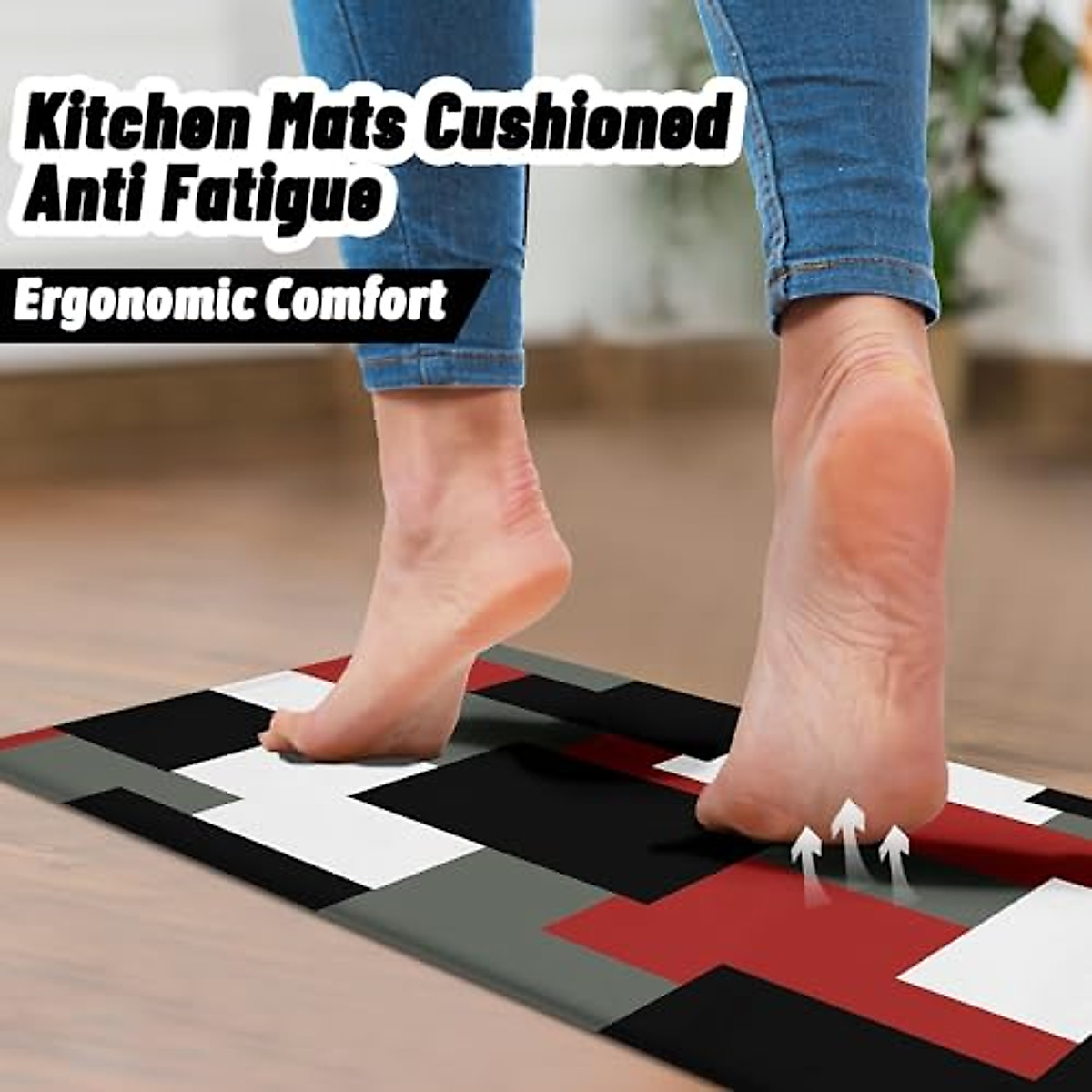 chiinvent Red Black Kitchen Rugs Mats Set of 2 Cushioned Anti Fatigue Kitchen Floor Mat White and Grey Geometric PVC Non-Slip Waterproof Comfort Standing Mats for Kitchen Office, 17"x 47"+17"x 28"