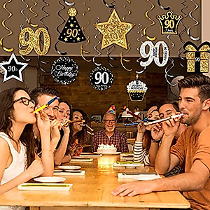 30 Pieces 90th Birthday Party Decorations, 90th Birthday Party Decorative Cards and Hanging Swirls Ceiling Decorations Shiny Celebration Hanging Swirls Decorations for 90th Birthday Party Supplies
