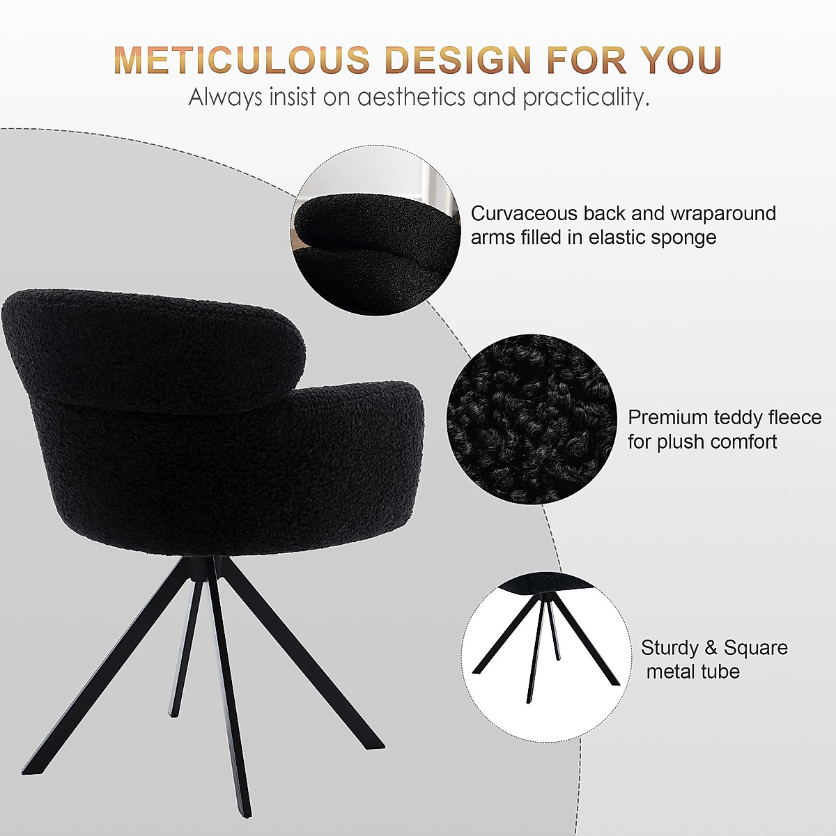 Zesthouse Sherpa Desk Chair No Wheels, Swivel Vanity Chair for Girls Women, Modern Accent Armchair with Extra Backs, Upholstered Computer Task Chair for Living Room Bedroom, Black