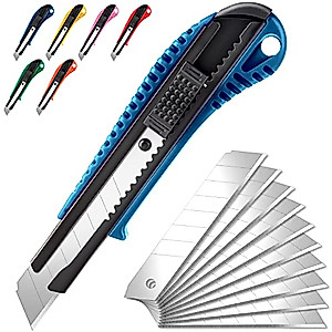TIFICAL Box Cutter Retractable, Auto-Lock Utility Knife, 18MM Box Knife with 10 Blades, ABSs Handle Box Opener for Cutting Boxes, Cartons, Cardboard, Leather, Smooth Retractable Mechanism (Blue)