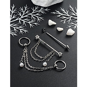 Goerhsjie Industrial Piercing Jewelry 14g Industrial Chain Earrings for Women 14 Gauge Long Industrial Bar Piercing Cute Silver Surgical Steel Industrial Barbell