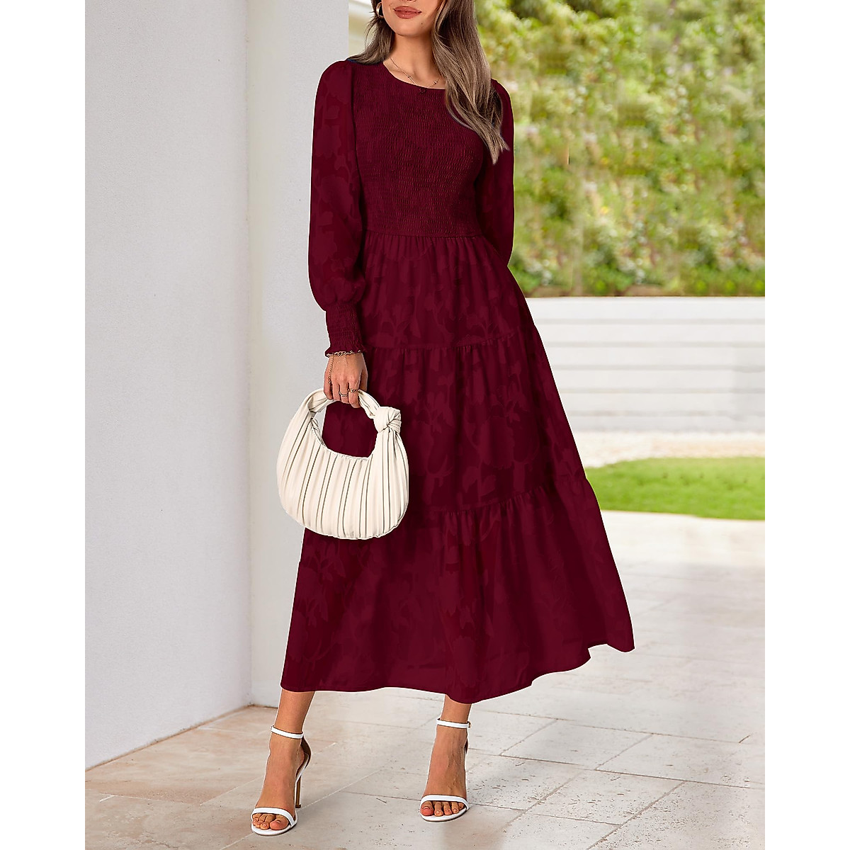 BTFBM Casual Women's 2025 Fall Dresses Elegant Wedding Guest Dress Long Sleeve Floral Midi Dress Flowy Bohemian Long Dress(Wine Red,Large)