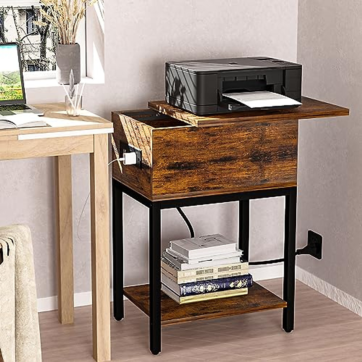SZLHANJZ Nightstand with Charging Station, Narrow End Table with Storage Drawer, Wood & Metal Narrow Nightstand 2 Tier, Small Sofa Bed Side Table for Living Room Bedroom Dorm, Dark Brown