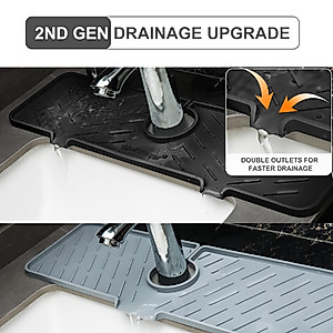 Meiliweser Silicone Faucet Splash Guard Gen 2 - Outlet & Slope Upgraded Faucet Water Catcher Mat - 18” x 5.1” - Sink Sponge Holder for Kitchen, Bathroom(Black)