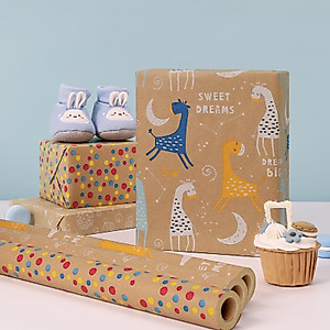 BIOBROWN Wrapping Paper Rolls with Tags and Jute String -Giraffe Designs for Birthday,Holiday, Baby Shower Packing -3 Rolls-17 inch X 10 feet Per Roll