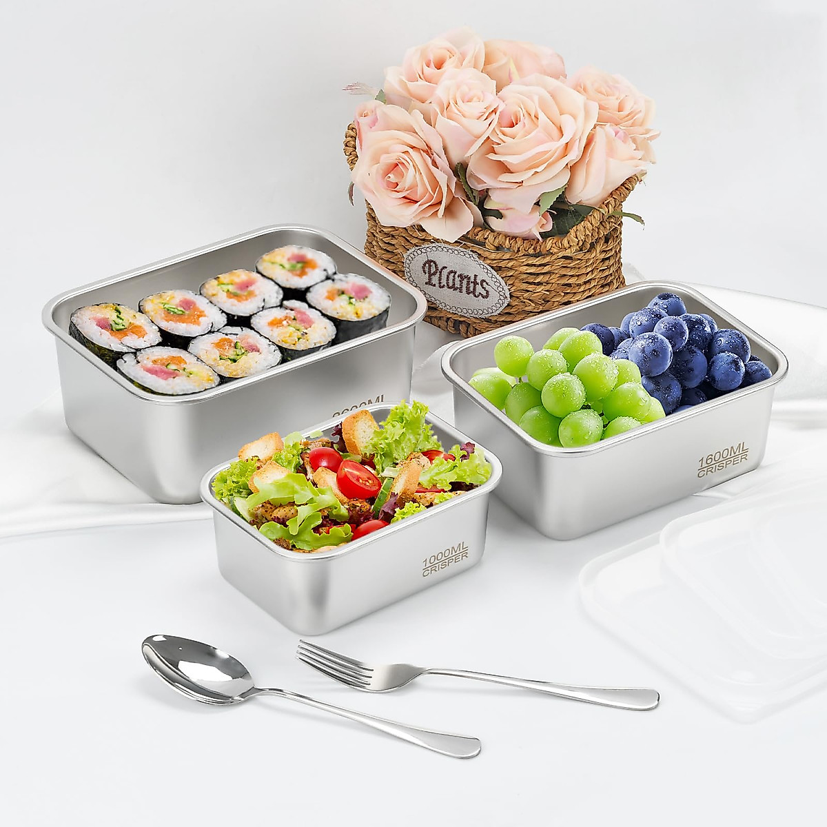 BSDLZCH 3pcs/set Stainless Steel Food Container with Lid, Snack Container, Reusable Container, Outdoor Carry Meal Box, Prep Container, Metal Lunch Container for Office