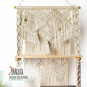 LIVALAYA 3-Tier Macrame Wall Hanging Shelf for Boho Hanging Wall Decor Shelves for Bedroom Bathroom, Nursery Bohemian Shelf for Cute Indoor Plants, Farmhouse Woven Rope Picture Holder Boho Bookshelf