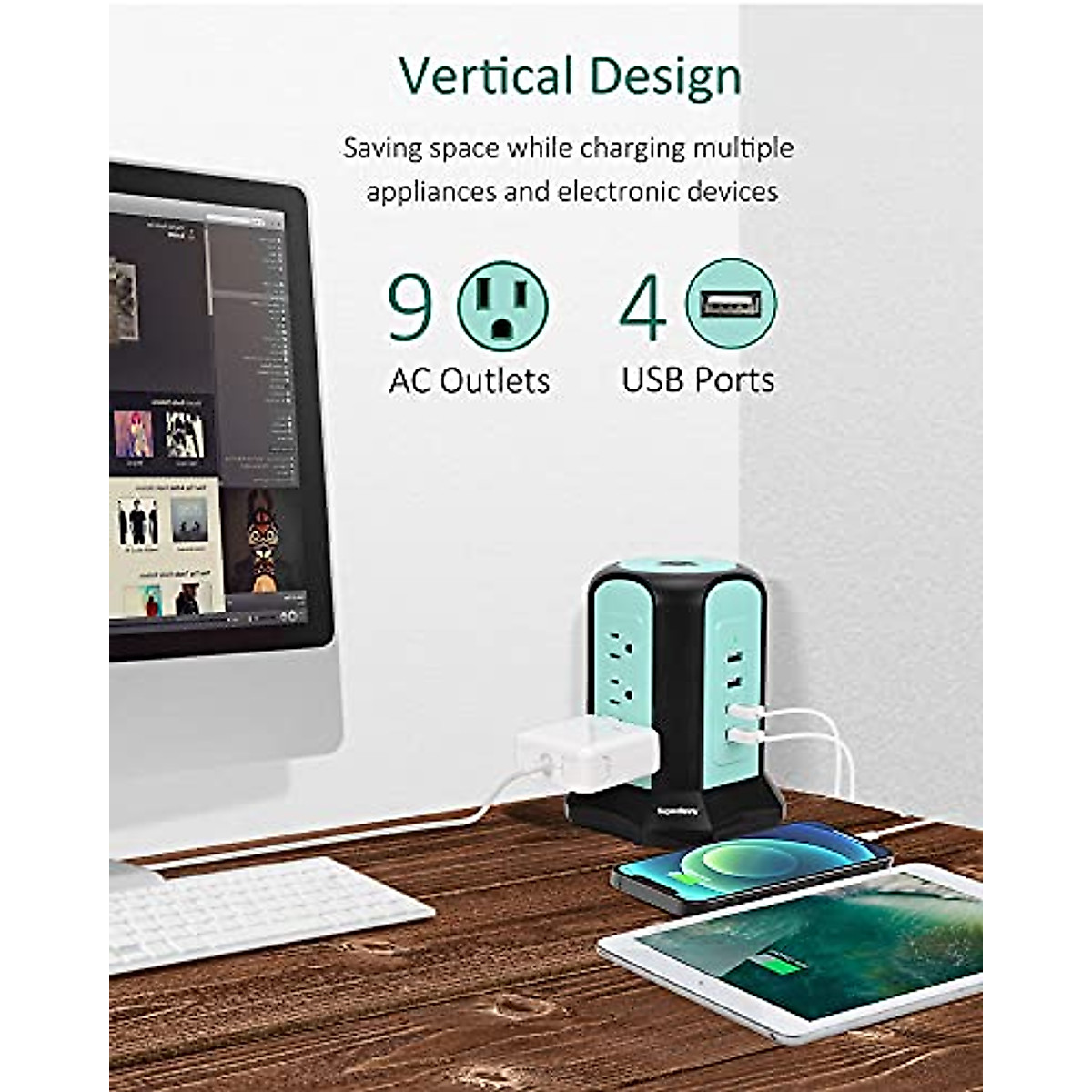 Power Strip Tower Surge Protector, SUPERDANNY Desktop Charging Station, 10 Ft Extension Cord, 9 Outlets, 4 USB Ports, 1080 Joules, 3-Prong, Grounded, Multiple Protections for Home, Office, Blue