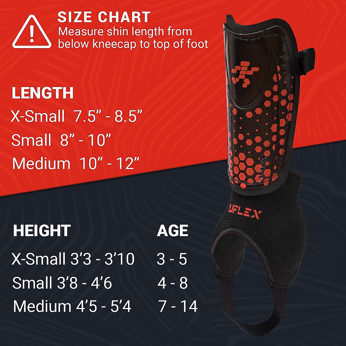 Uflex Athletics Slip and Slide Shin Guards for Kids and Teens - Protective Soccer Gear for Boys and Girls with Padded Ankle Support - Non Slip Adjustable Straps (X-Small)