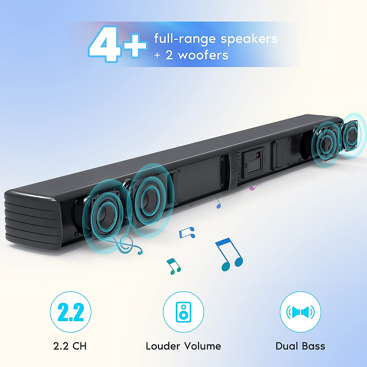 GEOYEAO Sound Bar, Bass Speakers for Smart TV with Dual Subwoofer 3D Surround Sound System, 32 Inch 2.2CH Home Theater Audio Soundbar, HDMI ARC Connection, 2 in 1 Detachable & Wall Mountable