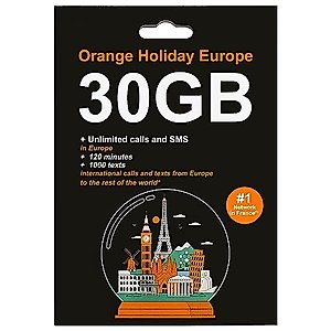 Orange Europe Prepaid SIM Card - 20GB in 4G/LTE, Unlimited Calls and Texts in Europe, 120Mins + 1000 SMS from Europe to Worldwide, NO Activation, Valid for 14 Days, Supported Hotspot