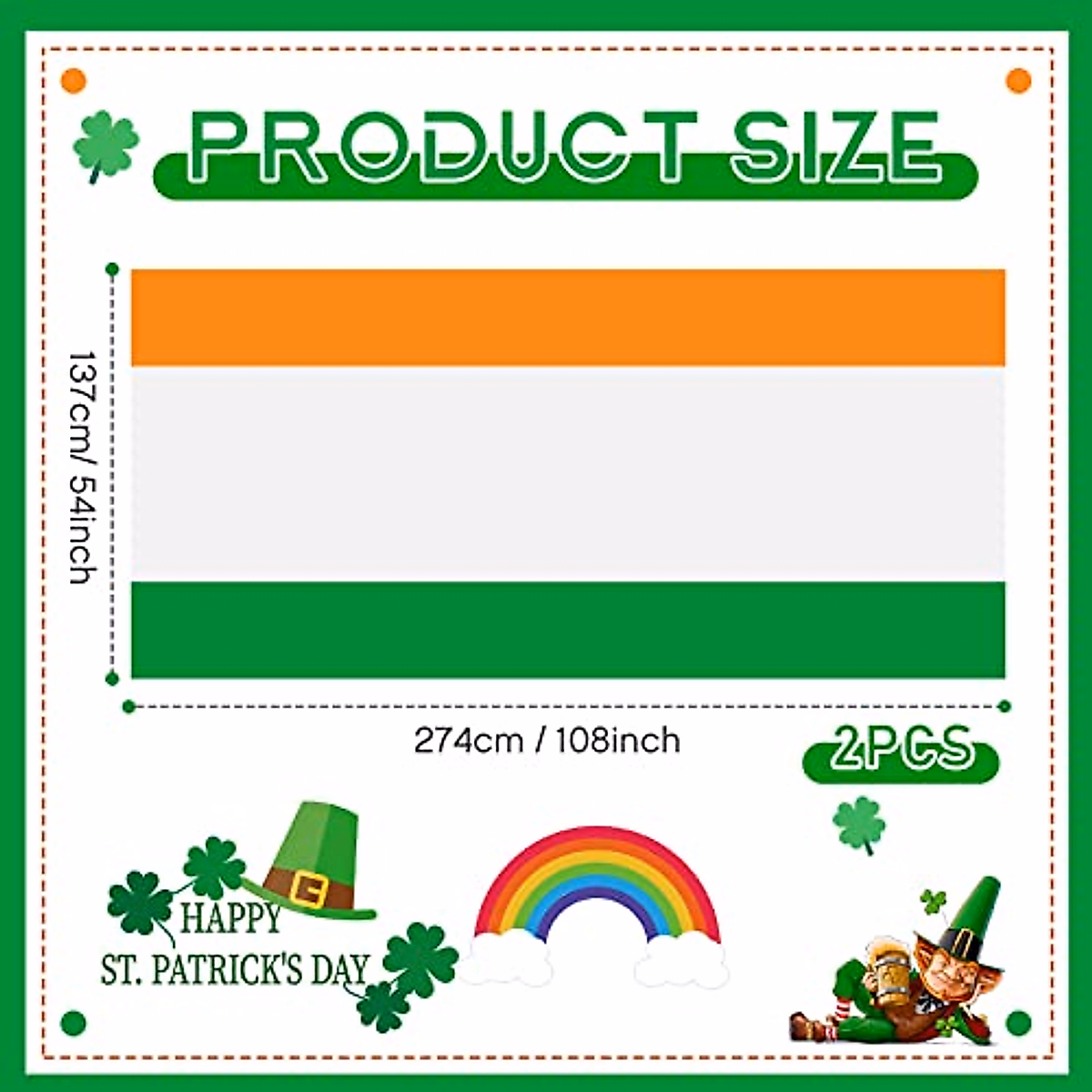 Amylove 2 Pieces Irish Tablecover St Patricks Day Tablecloth 54 x 108 Inch White Orange Green Plastic Tablecloth Lucky Disposable St Patricks Day Table Cover for Irish Day Birthday Party Decorations
