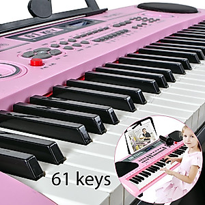 iMeshbean Kids 24'' Electric Keyboard Piano 61 Keys Piano, Electronic Piano with Microphone Music Keyboard Piano for Girls Boys Children (Pink)