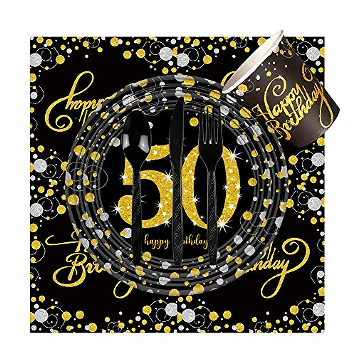 Rainmae 50th Birthday Party Supplies Tableware Set - Serves 16 Guest-Plates, Cups, Napkin, Knife, Spoon, Fork, Table Cloth, Sparkling Banner for 50 Years Old Party Decoration, 50th Wedding Anniversary