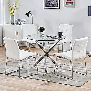 STYLIFING Round Glass Dining Table - Modern Round Dining Table with Tempered Glass Top, Silver Chrome Plated Metal Legs, Kitchen Table Dining Room Table for 4, Coffee Table for Living Room,Small Space