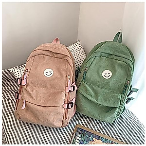 JHTPSLR Preppy Backpack Smiley Face Corduroy Backpack Cute Academia Aesthetic Backpack Autumn Corduroy Backpack Solid Book Bags (Sage Green)