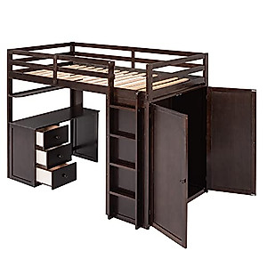Harper & Bright Designs Twin Size Loft Bed with Desk and Wardrobe, Wood Loft Bed Frame with Storage Drawers and Full-Length Guardrails, High Loft Bed for Kids Teens Boys and Girls (Espresso)