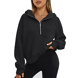 AUTOMET Hoodies Sweatshirts for Women Cropped Quarter Half Zip Up Jackets Pullover Sweaters Trendy Fall Outfits Winter Clothes 2024 Black