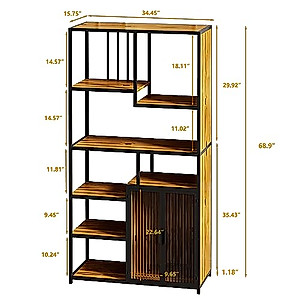 Industrial Bookshelf 69 Inch Tall Etagere Bookcase, Display Shelf with Open Storage Shelves and Right Side Cabinet, Modern Bookcases with Metal Frame for Home Office Living Room and Bedroom, Right