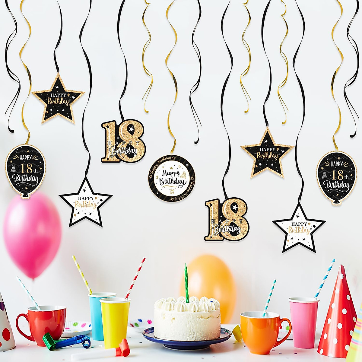 Nelbiirth Happy 18th Birthday Black & Gold Glitter Swirls Streamers Party Decorations - 15 Pcs 18th Birthday Hanging Swirls Streamers Kit,Cheers to Eighteen Years Old Bday Party Sign.