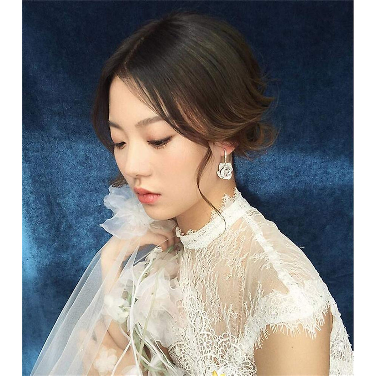 Huggie CZ Flower Dangle Stud Earrings for Women Girls with Charms Fashion Luxury Pave Rhinestone Filigree Camellia Rose Dainty Crystal Drop Dangling Wedding Prom Jewelry Dainty Gifts Valentine Mother's Day (Clear)