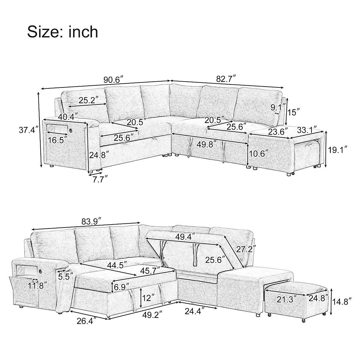 LUMISOL Sectional Sofa with Storage Space, 6 Seat Modular Couch with Cup Holders on The Armrests and USB Ports, L-Shaped Indoor Funiture with Ottoman and Pull-Out Structure for Living Room, Gray