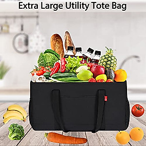 RVSNQ Extra Large Utility Tote Bag, Foldable Reusable Grocery Bags, Collapsible Tote with Metal Wire Frame & Reinforced Bottom Board, Stand up Large Utility Tote for Grocerie, Shopping, Storage（Black）