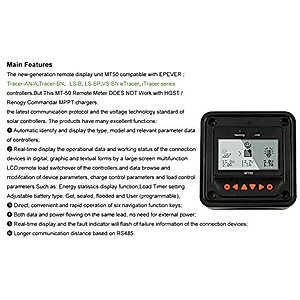 MPPT Charge Controller 60A Solar Charger Controller + Remote Meter MT50 + RTS 48V/36V/24V/12V Auto with Backlight LCD Display Solar Controller for Solar Power Battery Charging Regulator System