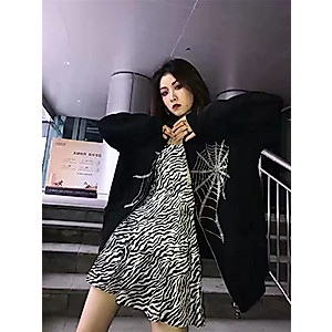 Womens Y2k Rhinestone Spider Web Zip Up Hoodies Vintage Harajuku Oversized Long Sleeve E Girl Streetwear Hoody with Pocket (L, Black)