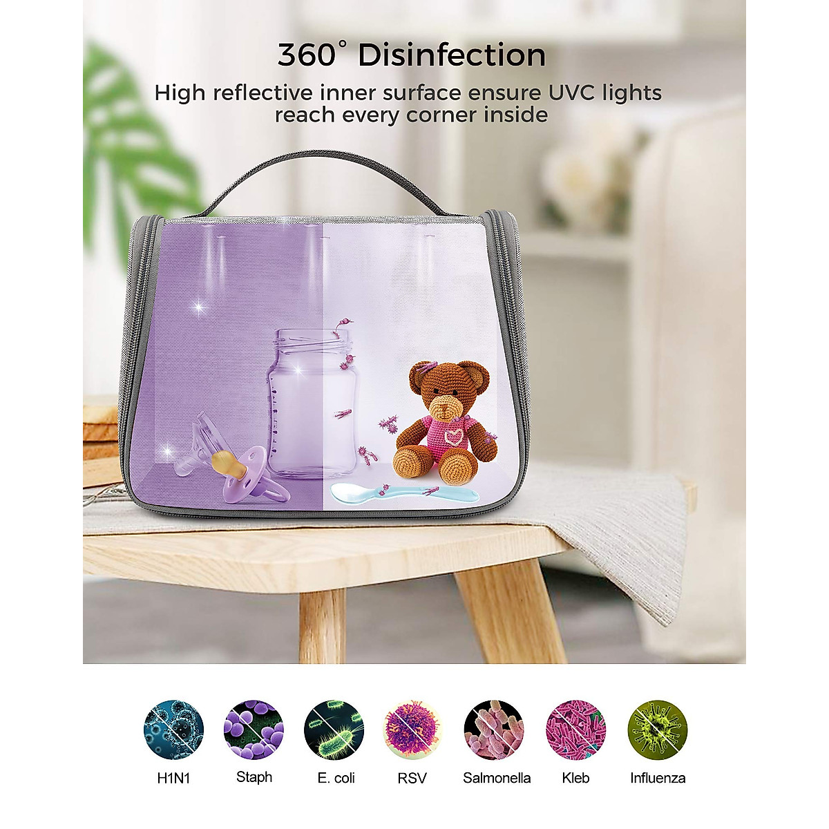 LED Disinfection Bag with 9 Light Bulbs, Large Size Capacity Storage Bag, Easy Operation Cleaner Tool for Cell Phone, Jewelry, Watches, Glasses