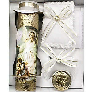 Beautiful Handmade 5pc. Angels with Kids Foil Baptism Christening Shells Candle Set Favors Girl Boy White Set de Bautizo Espanol Nina Nino Baptism Communion Lace Gift Box