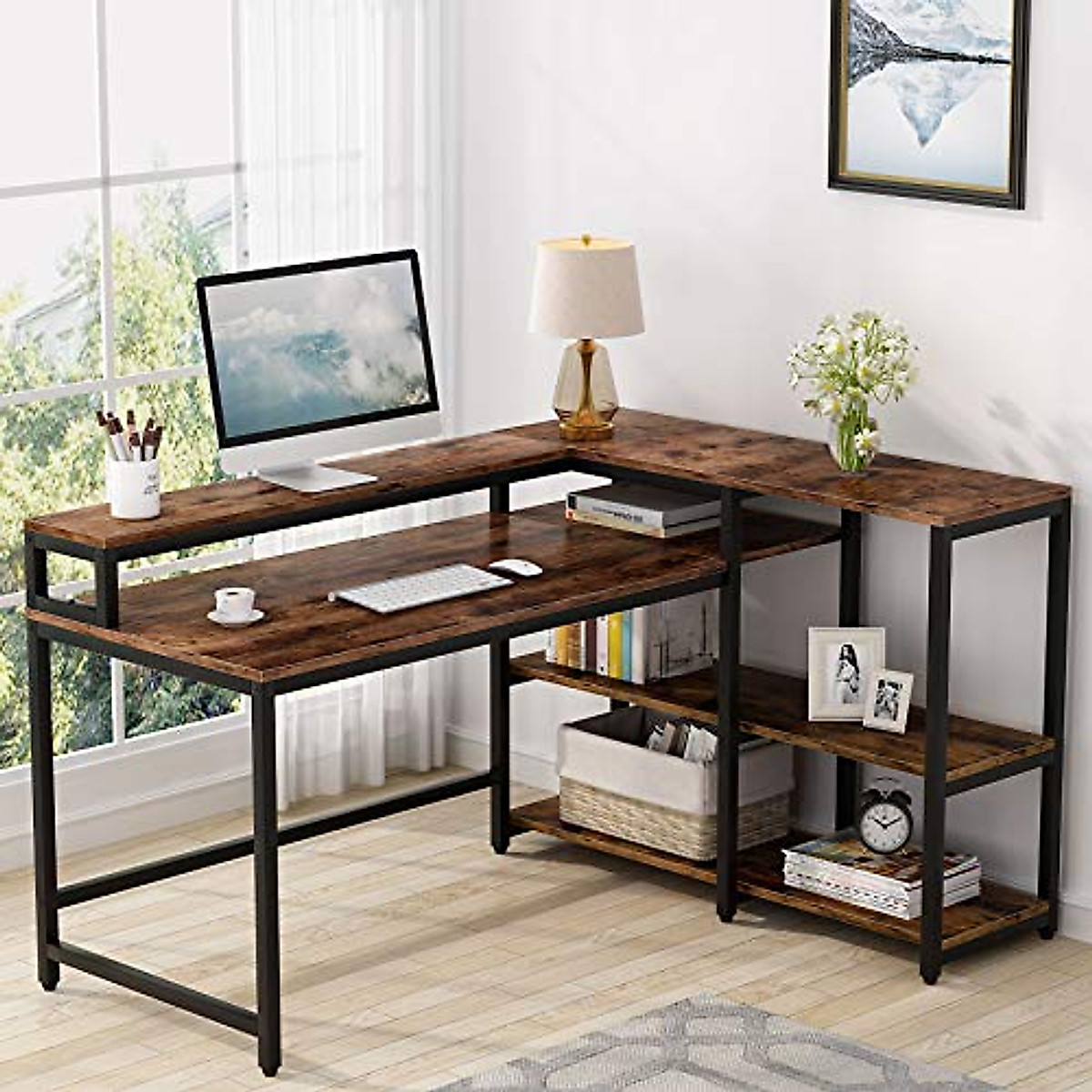 Tribesigns 55 Inch Reversible L Shaped Computer Desk with Storage Shelf, Industrial Corner Desk with Shelves and Monitor Stand, Study Writing Table for Home Office (55" D x 41" W, Rustic Brown)