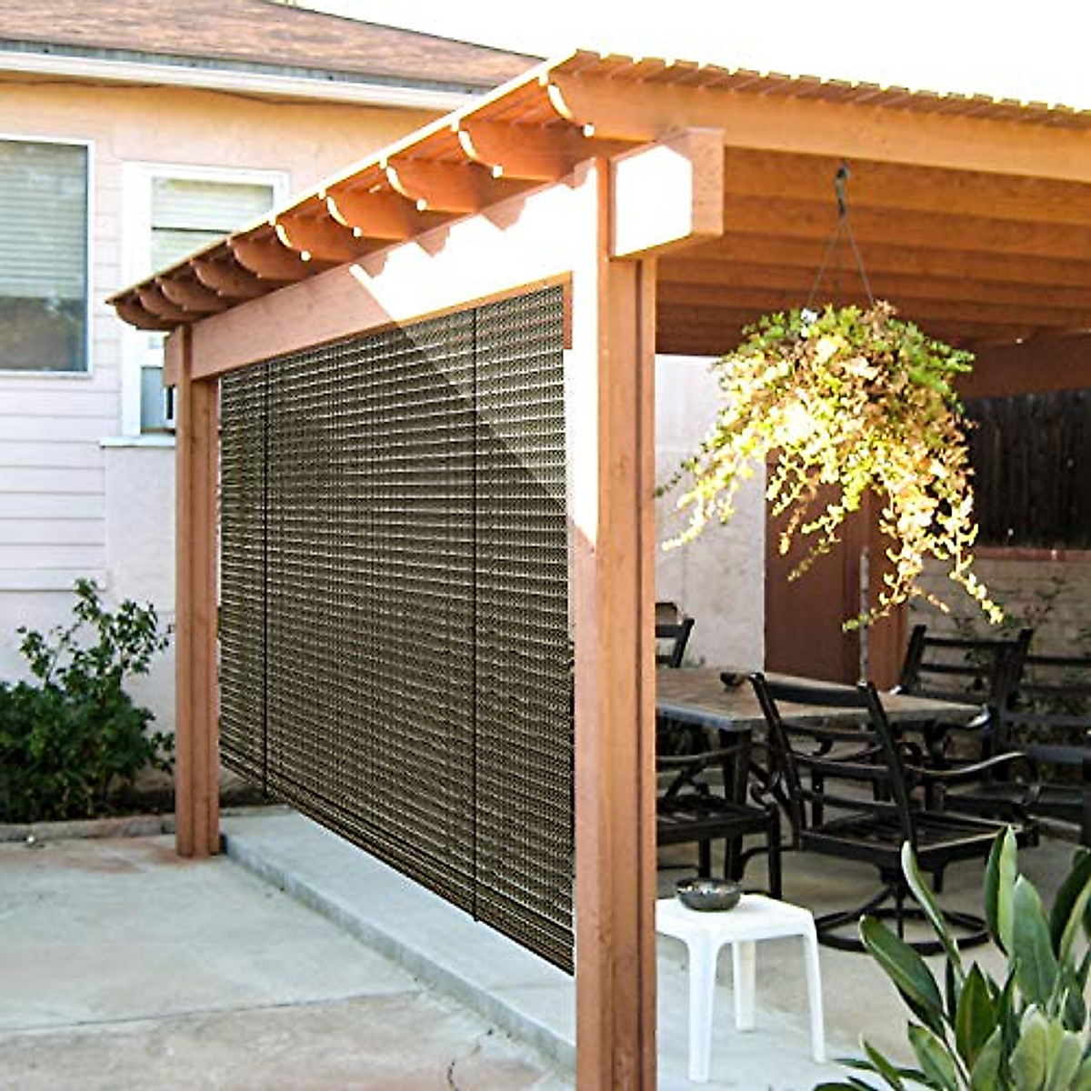 E&K Sunrise 5'W x 6'H Roll Up Shade Outdoor Hollow Out Roller Shade Blind Sun Shade for Patio Porch Backyard Gazebo Deck Pergola (Brown)
