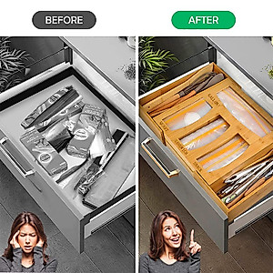 Expandable Ziplock Bag Storage Organizer for Kitchen Drawer, 1 Box 6 Slots Bamboo kitchen Ziplock Bag Organizer and Dispenser Suitable for Gallon, Quart, Sandwich & Snack Variety Size Bag, Cling Film