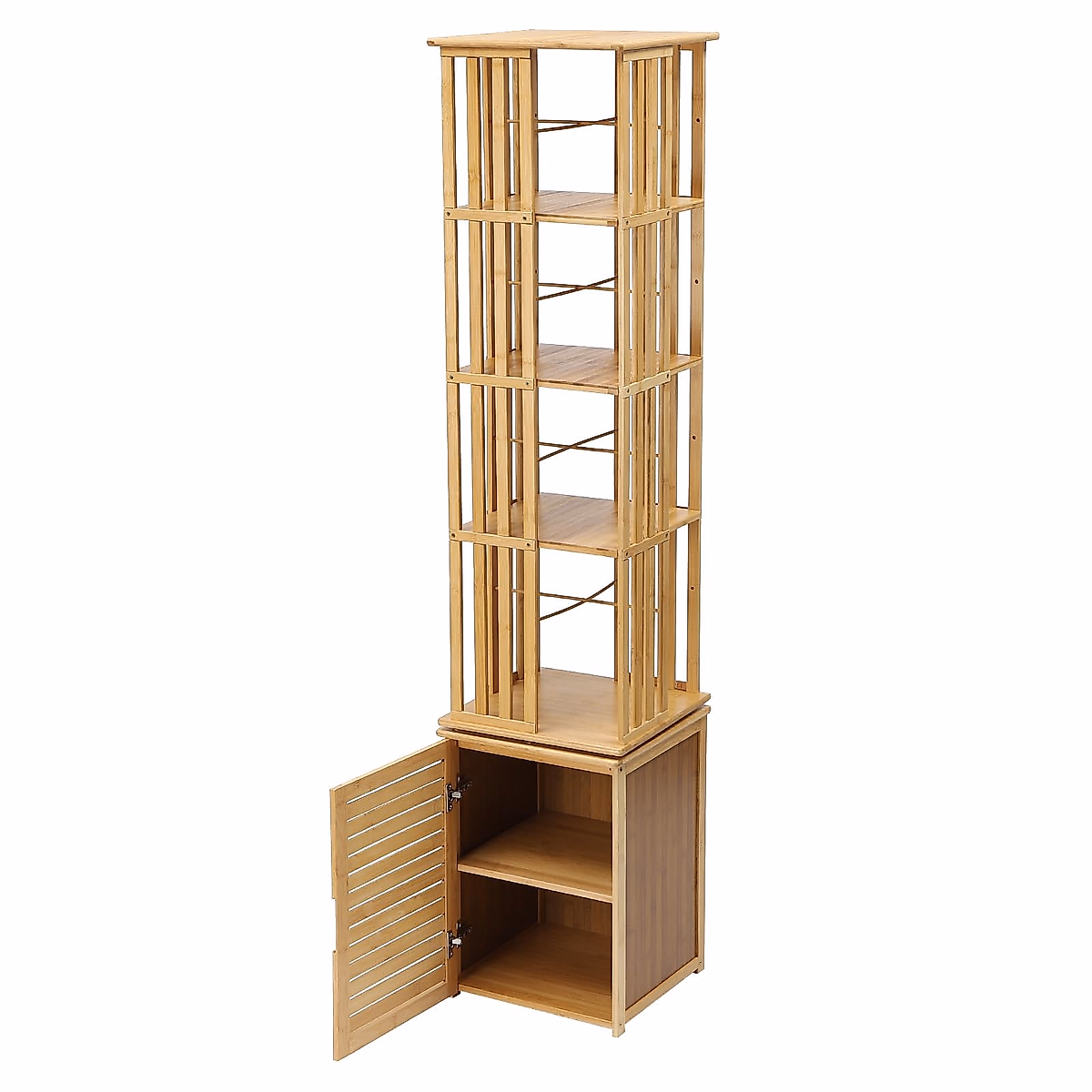 SHOUMANUAL Bamboo Rotating Bookshelf, 6-Tier Bookcase with Storage Cabinet & Doors, 360° Revolving Narrow Storage Display Rack Standing Shelves for Living Room Study Room Office, Natural