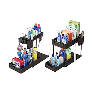 2 Sets of 2 -Tier Multi-Purpose Under Sink Organizer and Storage, Adjustable Height Pull Out Under Sink Kitchen Bathroom Cabinet with 8 Hooks and 2 Hanging Cup, Kitchen Sink Splash Guard
