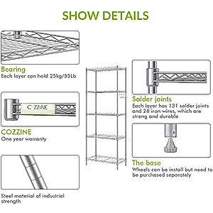 Cozzine 5 Tier Storage Shelves, Adjustable Storage Shelves 21"x 11"x 59" Heavy Duty Steel Tube Wire Shelving Unit (Silver)