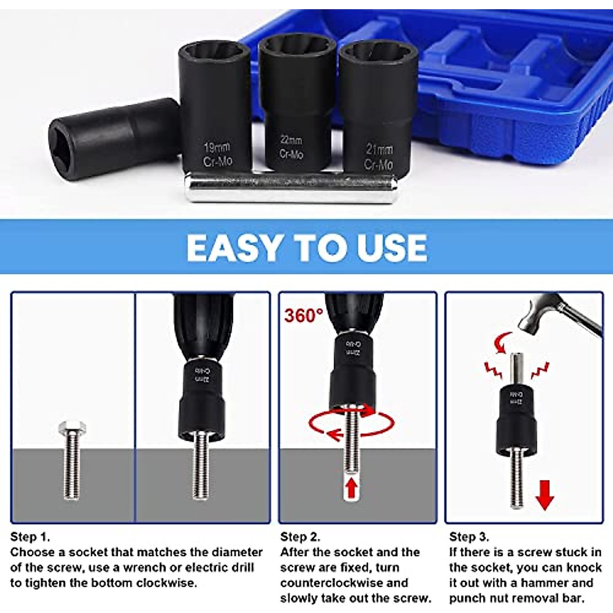 DOUARQ Twist Socket Set Lug Nut Remover Extractor Tool - 5-Piece Metric Bolt and Lug Nut Extractor Socket Tools