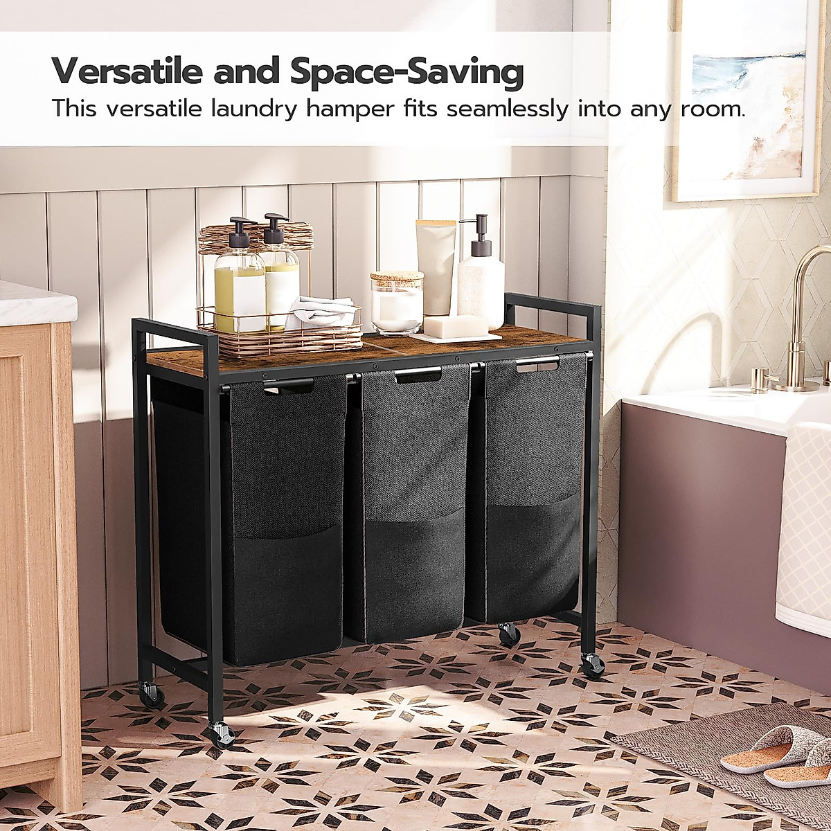 HOOBRO Laundry Sorter 3 Section, Laundry Hamper with Wheels, 3 × 11.5 Gal (43.4L), Rolling Laundry Basket, Pull-Out and Removable Oxford Fabric Laundry Bags, Rustic Brown and Black BF76XY01