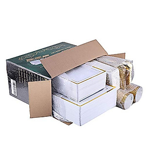 FOCUSLINE 350 Piece Square Dinnerware Set-50 Gold Rim Dinner Plastic Plates-50Gold Rim Dessert Plates-50 Gold Plastic Cups-50 Linen Like Gold Paper Napkins, 50 Guest Disposable Gold Dinnerware Set