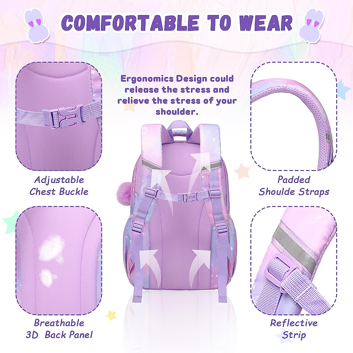 PIG PIG GIRL Kids Backpack for Girls - School Bags for Middle School Students - Book Bag for Elementary Primary School - Purple