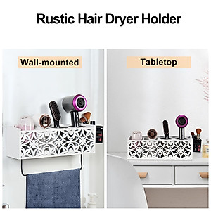 TRSPCWR Hair Tool Organizer Wall Mounted, Hair Dryer and Styling Holder with Towel Bar, Bathroom Blow Dryer Holder with Side Basket, Farmhouse Vanity Caddy Storage Stand for Accessories, Makeup