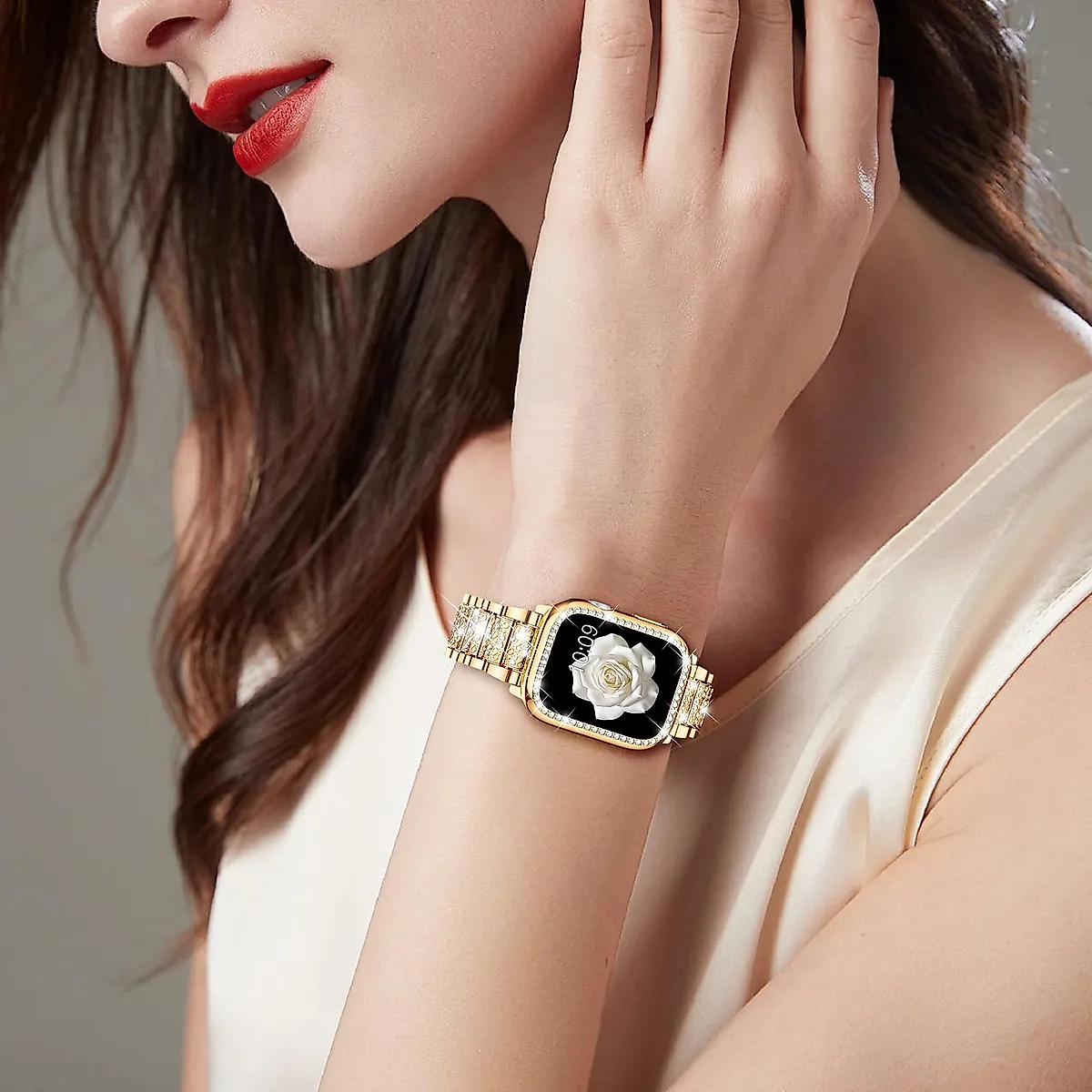 Mosonio Compatible with Apple Watch Band 40mm with Case Women, Jewelry Replacement Metal Wristband Strap with 2 Pack Bling PC Protective Cover for iWatch Series 6/5/4(Rose Gold)