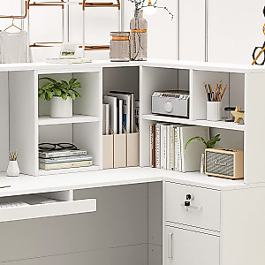 Homsee Reception Desk L-Shaped Office Desk with Counter, 1 Door Storage Cabinet, 1 Lockable Drawer, Hutch Shelf & Keyboard Tray, White